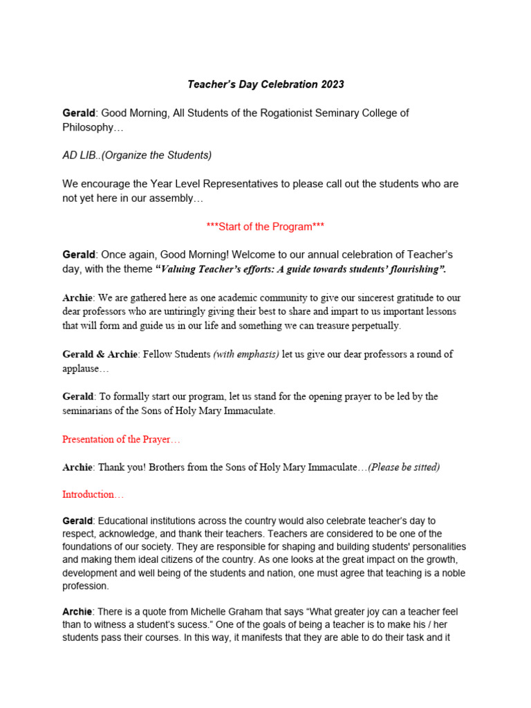Script For Teacher's Day Celebration 2023 | Download Free PDF | Teachers