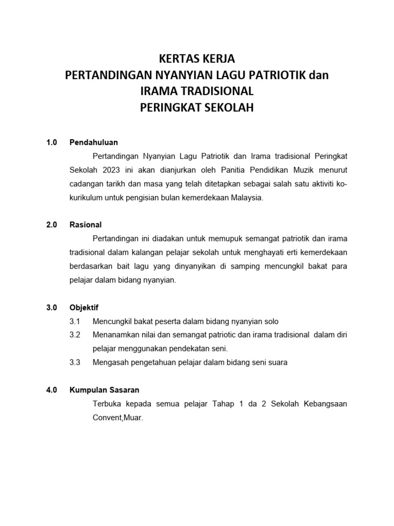 Kertas Kerja Pertandingan Nyanyian Patriotik N Irama Tradisional | PDF