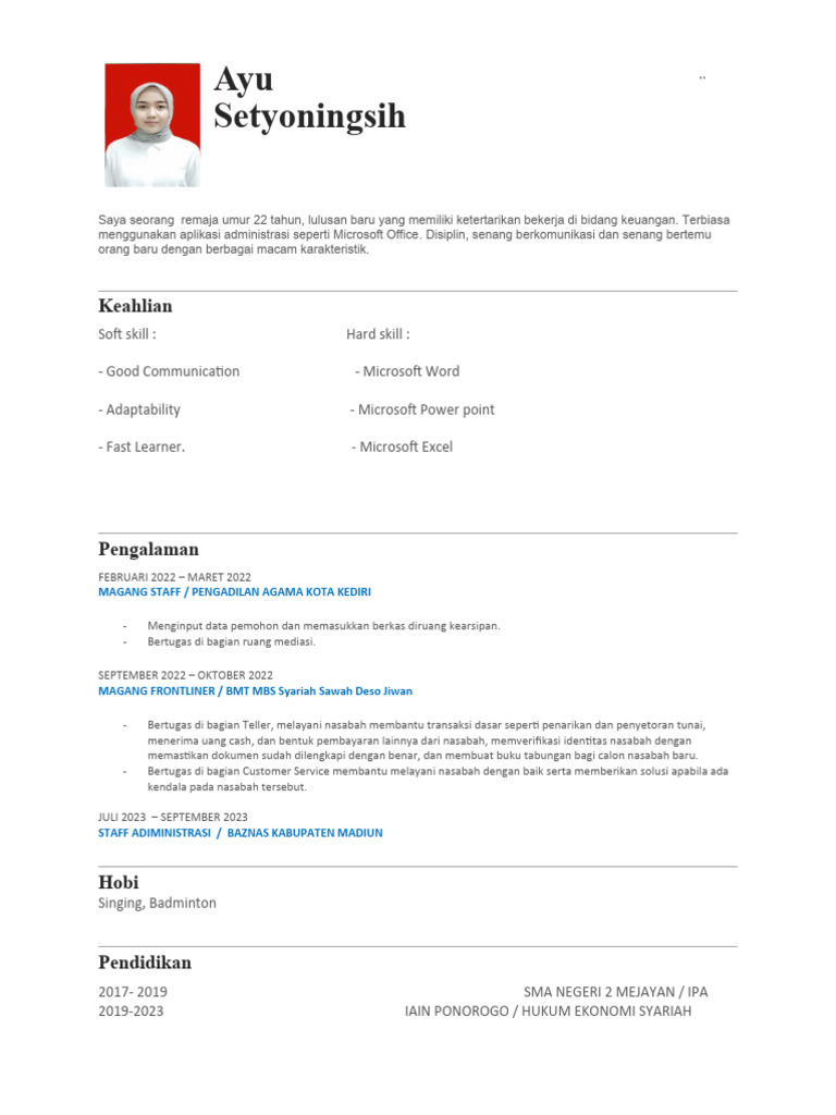 FREE TEMPLATE CV Lulusan S1 by Vina Muliana | PDF