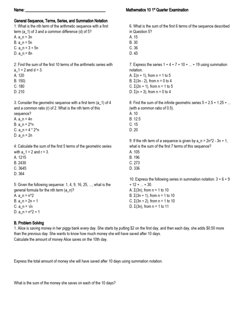 Grade 10 Math 1st Quarter Exam | PDF | Summation | Sequence