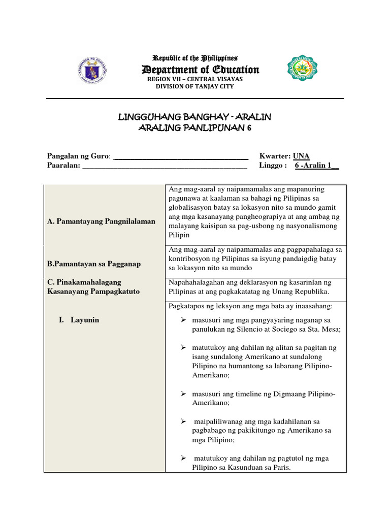 AP6 Lingguhang Banghay Aralin (Week 6 - Aralin 1) | PDF