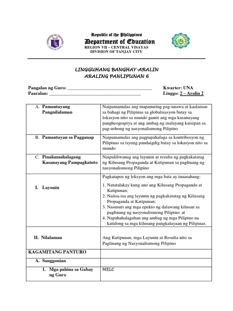 AP6 Lingguhang Banghay Aralin (Week 2 - Aralin 2) | PDF