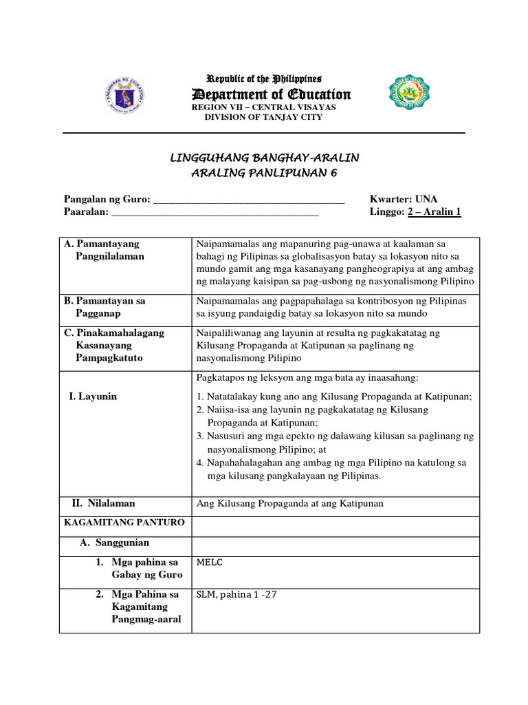 AP6 Lingguhang Banghay Aralin (week 2 - Aralin 1) | PDF