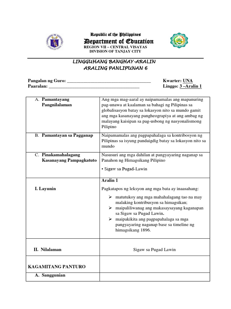 AP6 Lingguhang Banghay Aralin (Week 3 - Aralin 1, 2, 3) | PDF