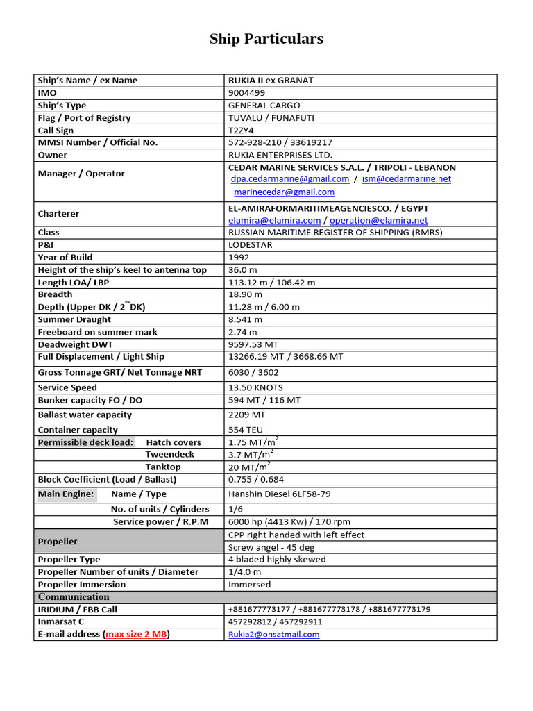 RUKIA II - Ship Particulars | PDF | Tonnage | Ships