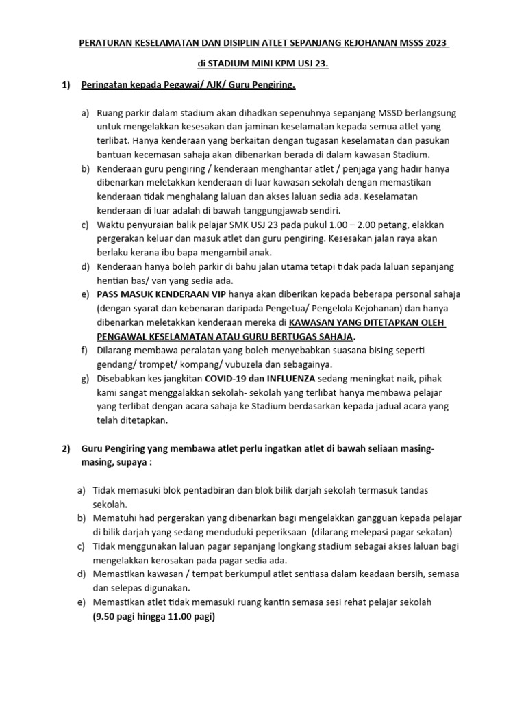 Peraturan Keselamatan Dan Disiplin Atlet Sepanjang Kejohanan Msss | PDF