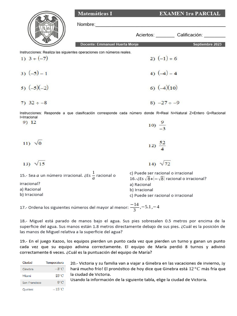 Examen 1ra parcial Matemáticas 1 | PDF