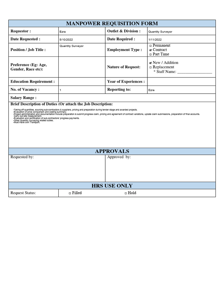 Manpower Requisition Form - QS | PDF