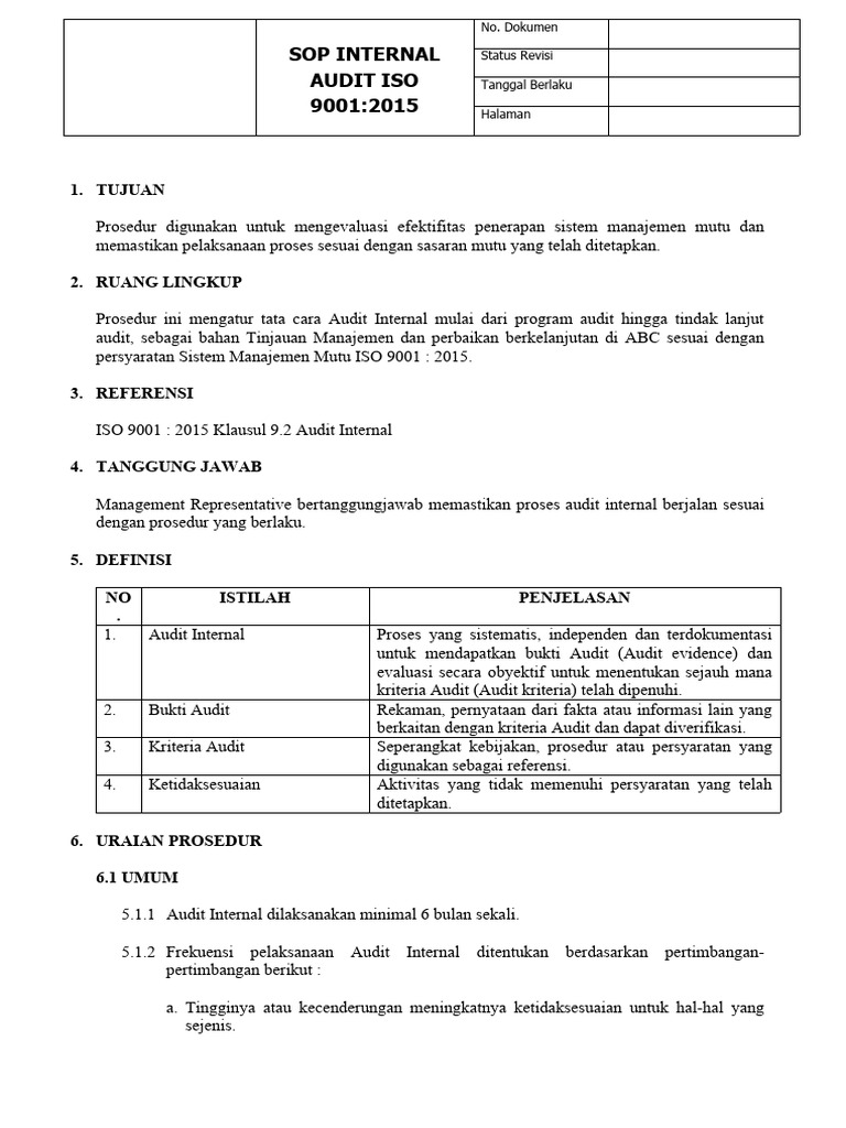 Sop Internal Audit Iso 9001 2015 Pdf