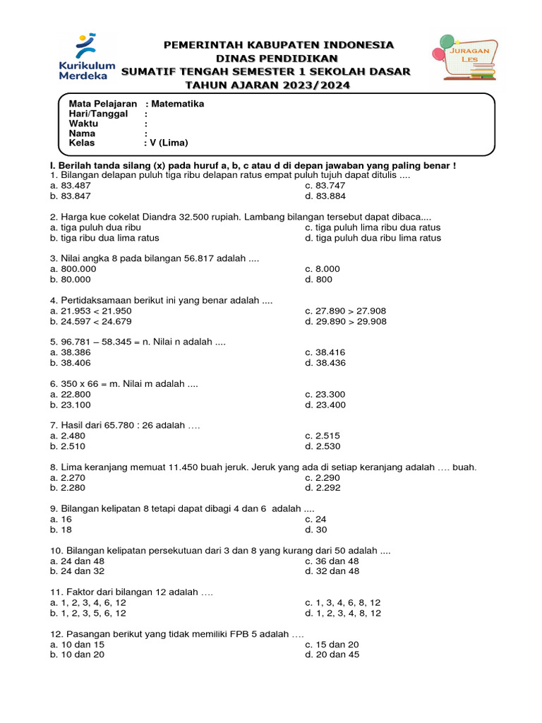 Soal PTS-STS Matematika Kelas 5 Semester 1 Kurikulum Merdeka T.A 2023-2024 | PDF
