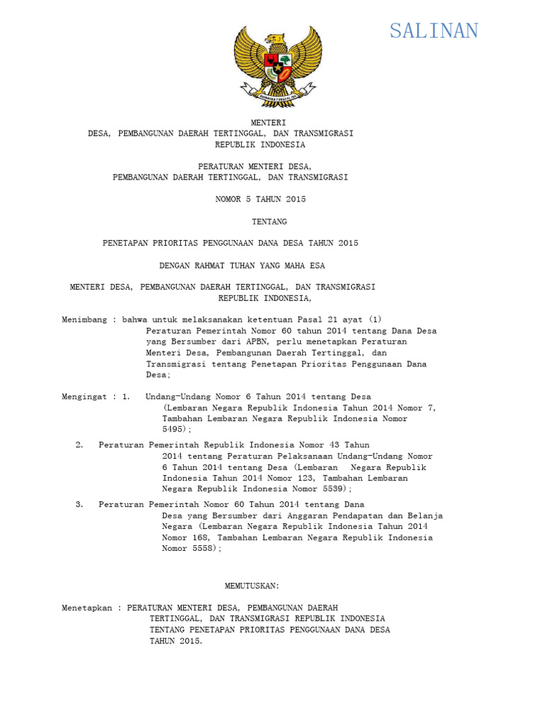 Permendes No 5 Tahun 2015 Tentang Prioritas Penggunaan Dana Desa Tahun ...