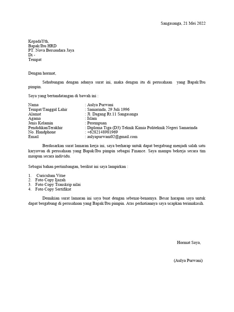 Lamaran Kerja PT. Nova Bersaudara Jaya | PDF