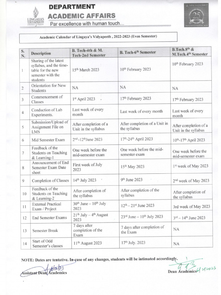 B.tech Academic Calendar Even Semester | PDF