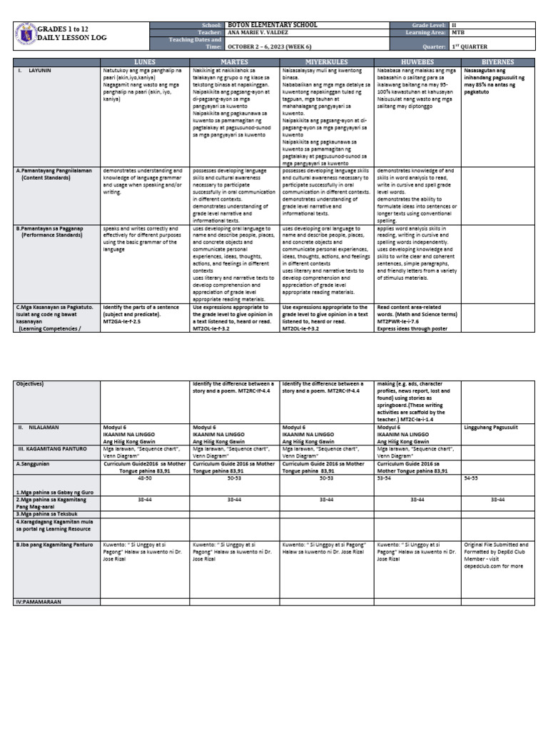 DLL - MTB 2 - Q1 - W6 | PDF