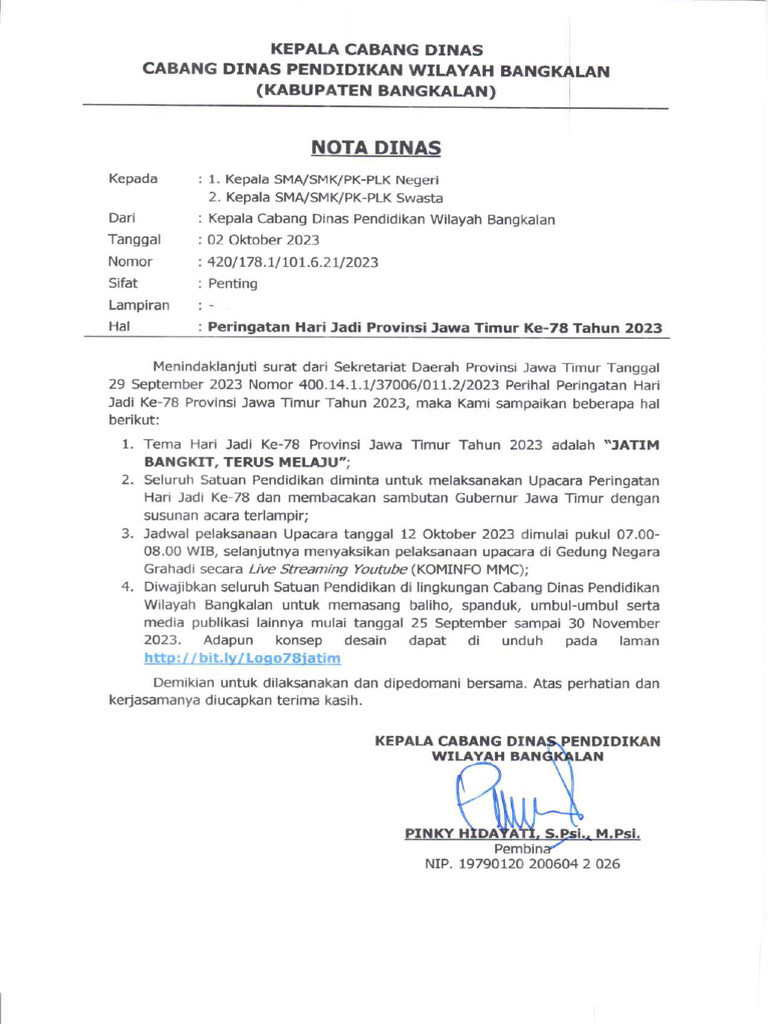 Nota Dinas Peringatan Hari Jadi Pemprov Jatim Ke 78 Fix | PDF