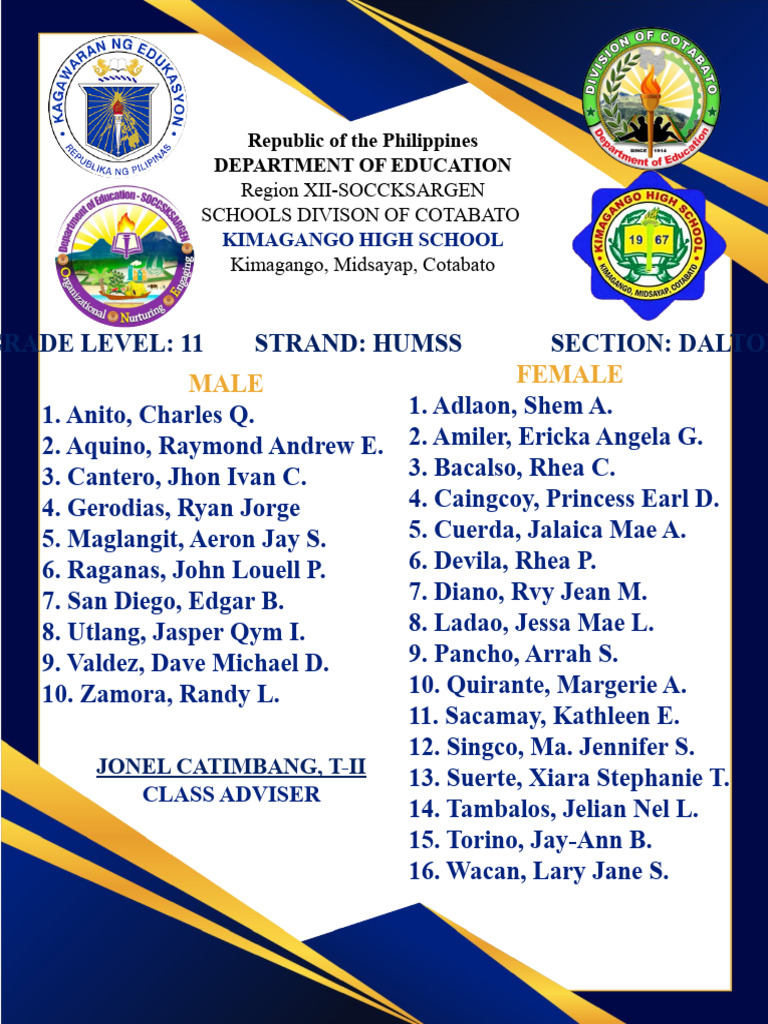 Class Schedule and Class List 11 Humss | PDF