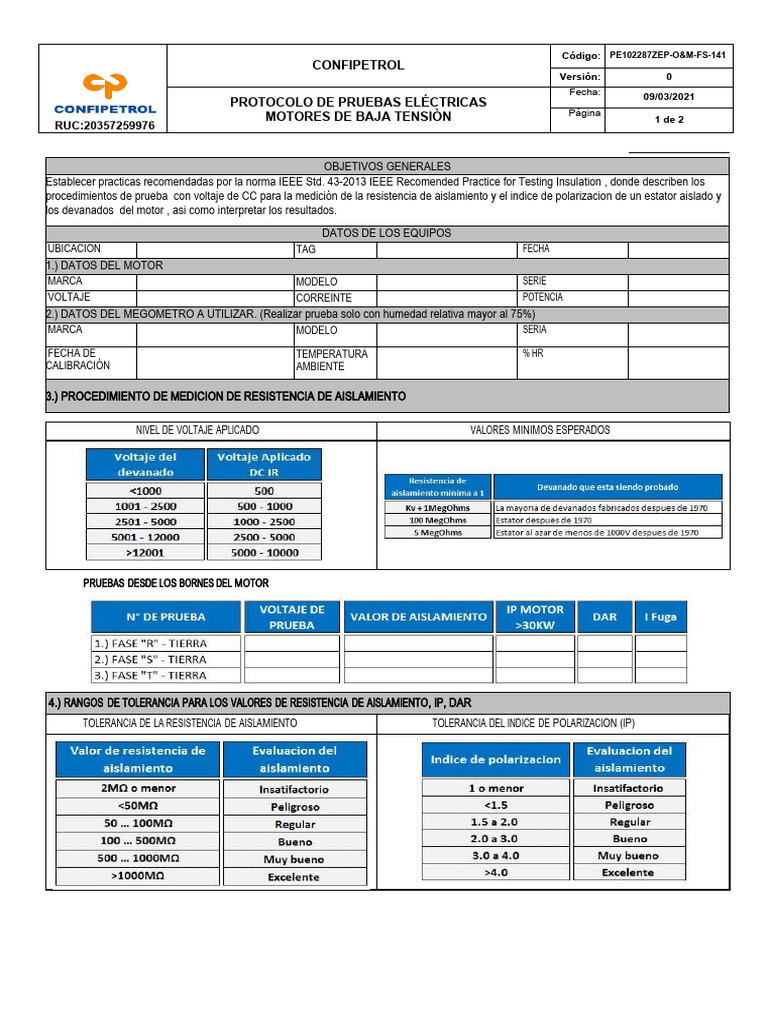 PE102287ZEP-O&M-FS-141 PROTOCOLO DE PRUEBAS MOTOR BAJA TENSION | PDF | Resistencia Eléctrica y ...