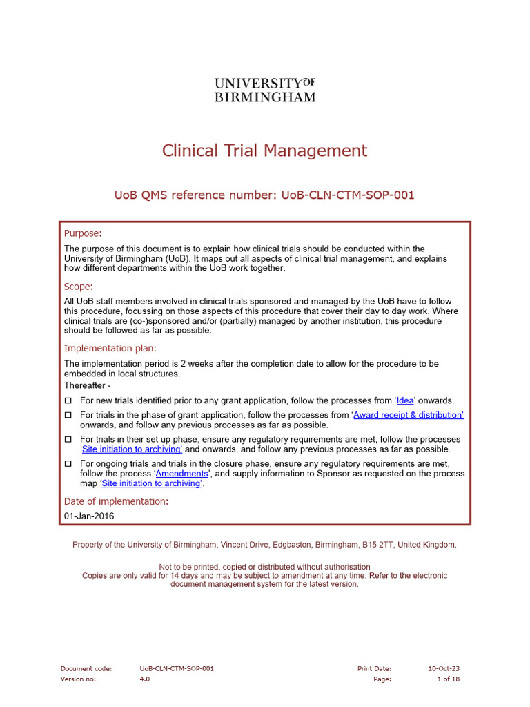 Clinical Trial Management: Uob Qms Reference Number: Uob-Cln-Ctm-Sop-001 | PDF | Clinical Trial ...