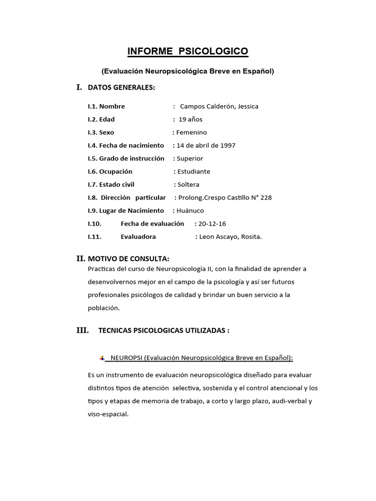 Modelo de Informe de Neuropsi | PDF Modelo de Informe de Neuropsi | PDF