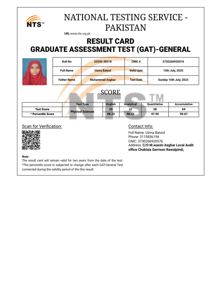 Nts (Gat General) Result Card | PDF