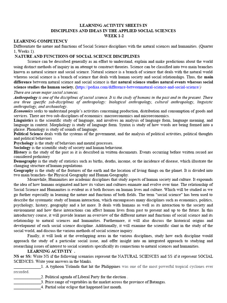 Week 1-2 (Q1 Diss) | PDF | Social Sciences | Science