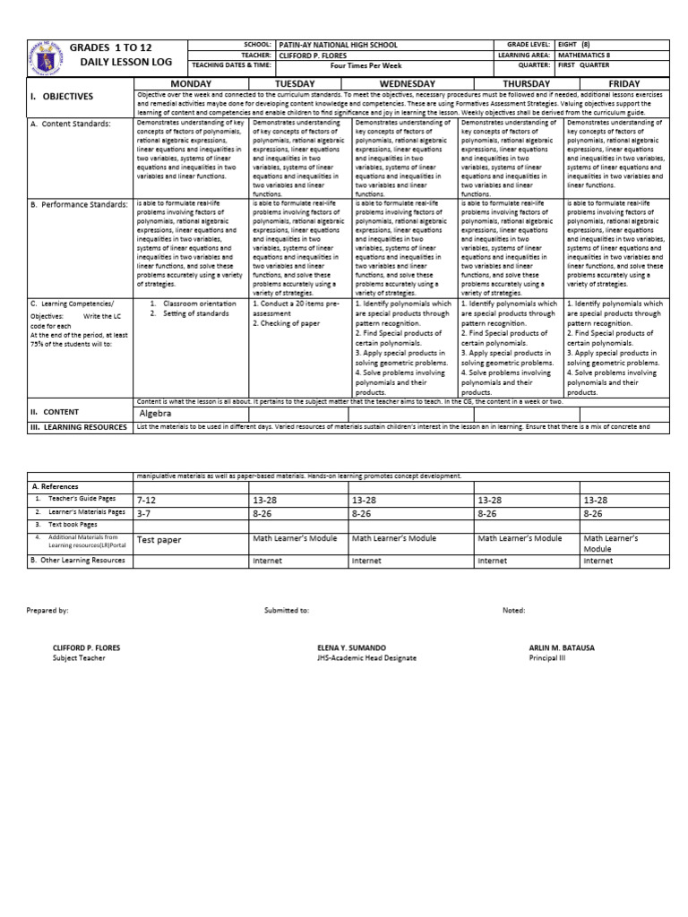DLL - Math 8 - Q1 | PDF | Equations | Factorization