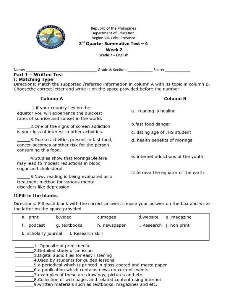 Summative Test English 7 Week 4 5 | PDF