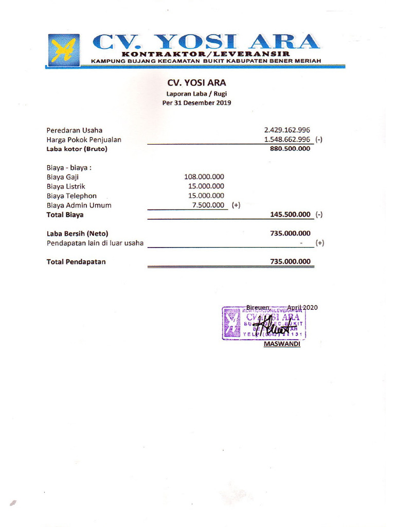 Cv-Yosi Ara Laba Rugi Dan Neraca | PDF