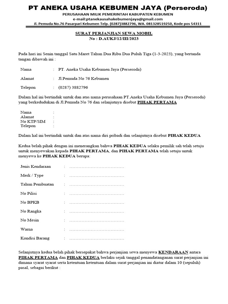 Surat Perjanjian Sewa Mobil | PDF