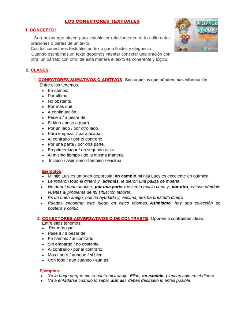 Tipos y Ejemplos de Conectores Textuales | PDF