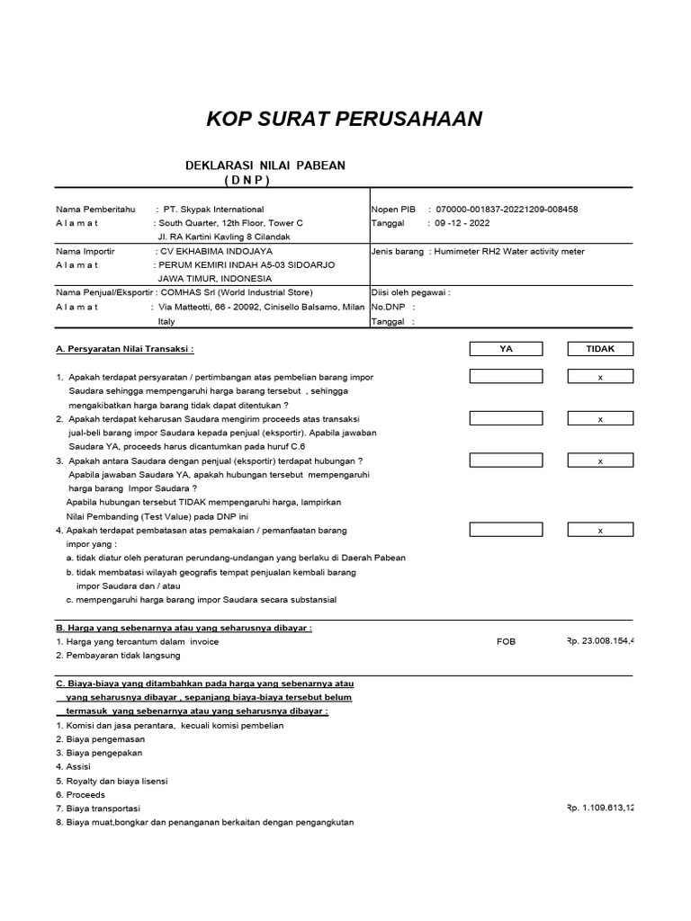 Kop Surat Perusahaan: Deklarasi Nilai Pabean (DNP) | PDF