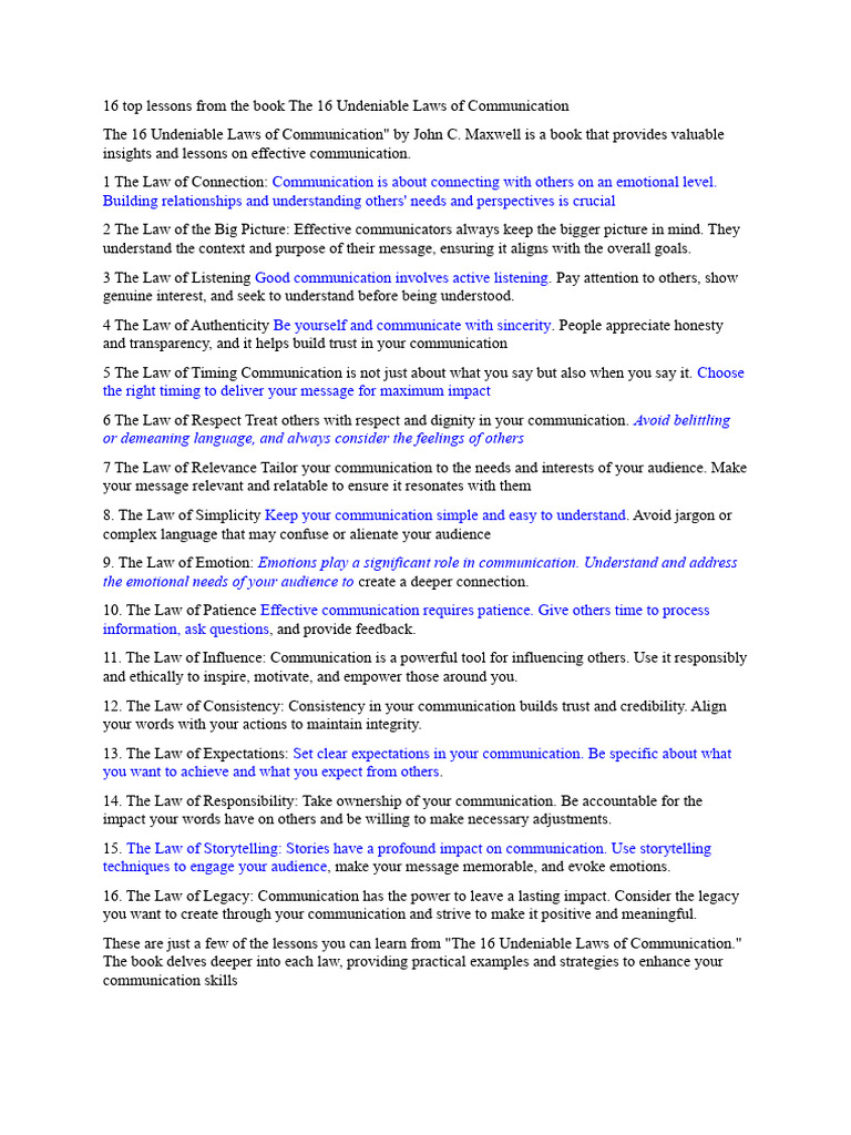 16 Top Lessons From The Book The 16 Undeniable Laws of Communication | PDF