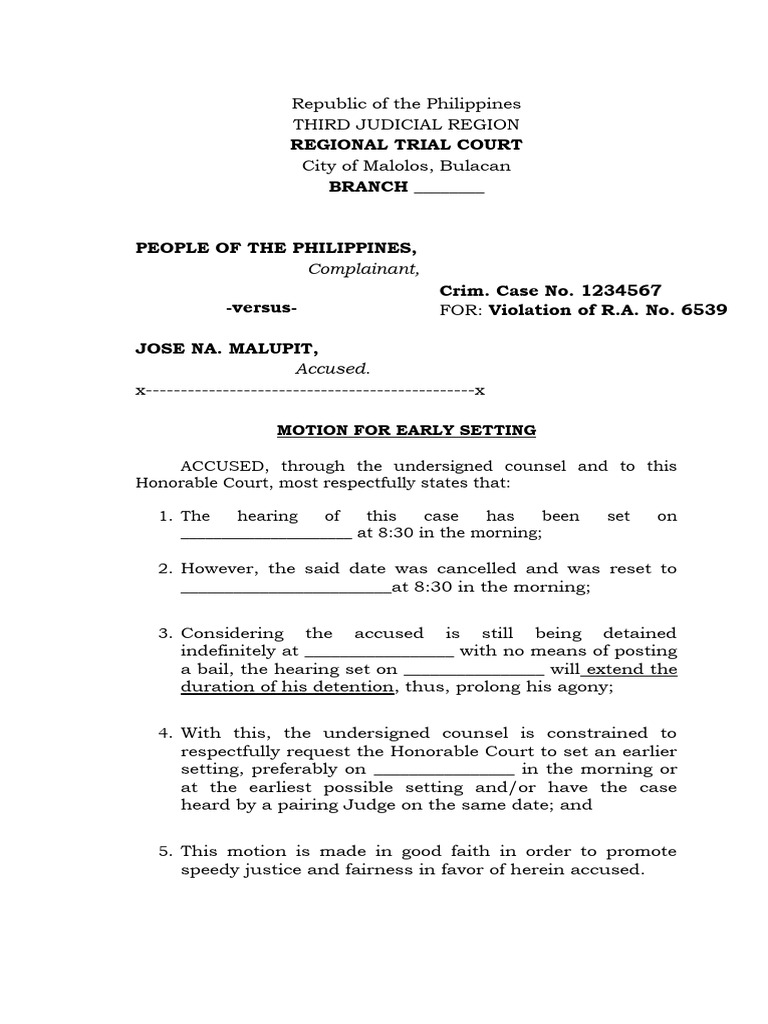 Motion For Early Setting | PDF