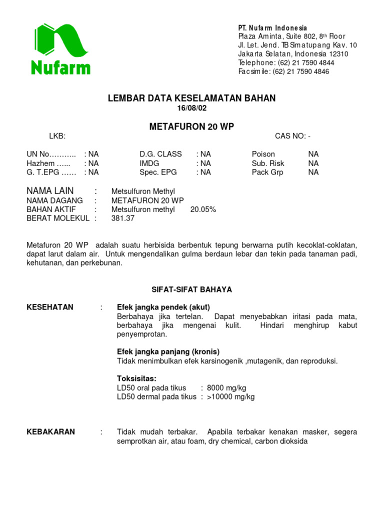 MSDS Metafuron 20 WP | PDF