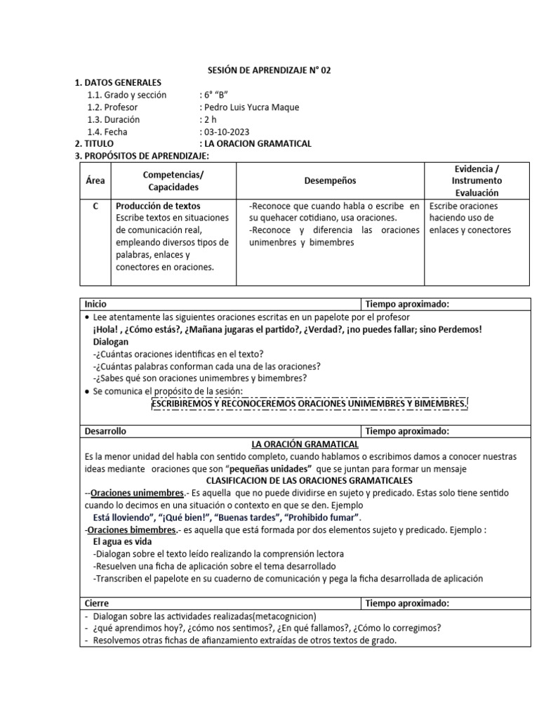 Sesión de Aprendizaje N 2 Octubre 2023 | PDF | Comprensión lectora ...