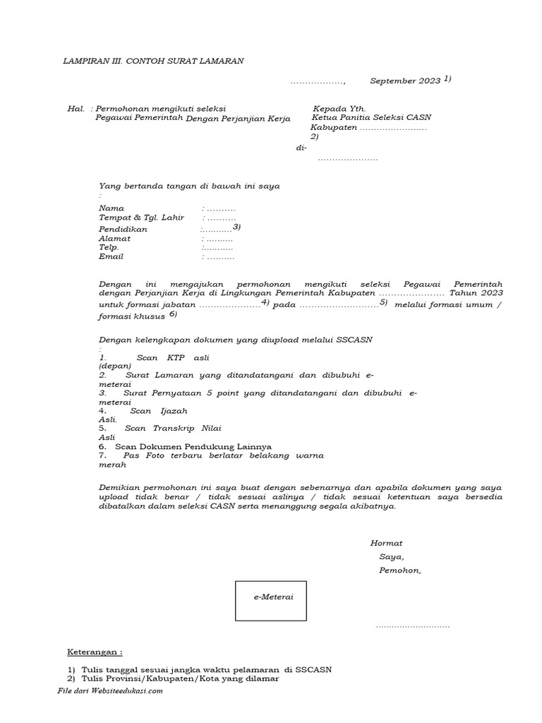 Contoh Surat Lamaran CASN 2023 | PDF
