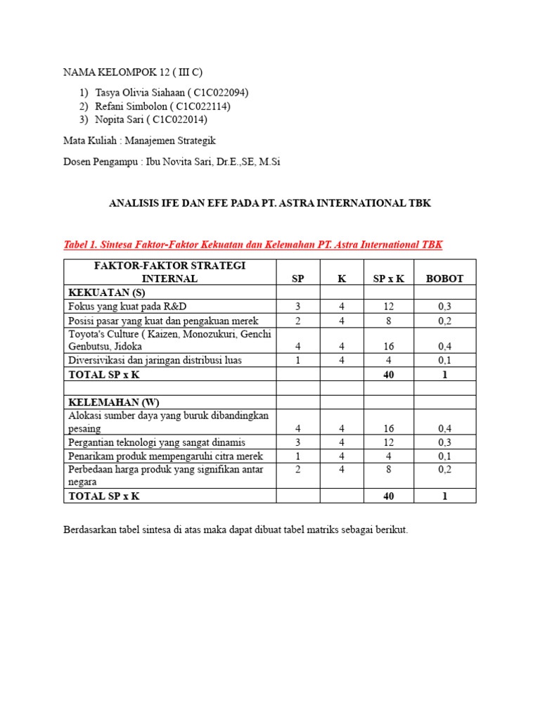 Kelompok 12!! - Matriks Ife & Efe PT - Astra International TBK | PDF