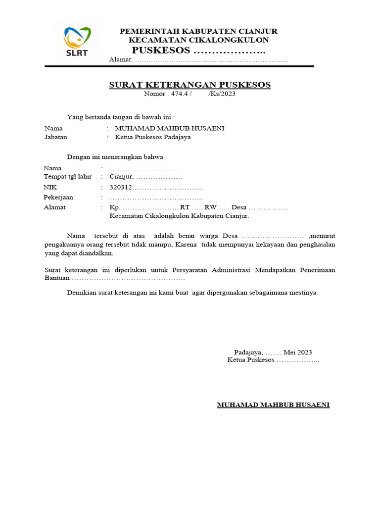 Keterangan Puskesos Dan SKTM Logo Nasional | PDF