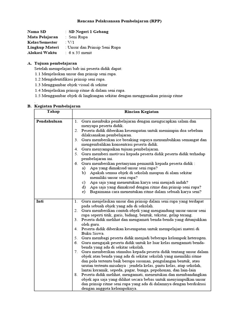 RPP Seni Rupa KLS 5 | PDF