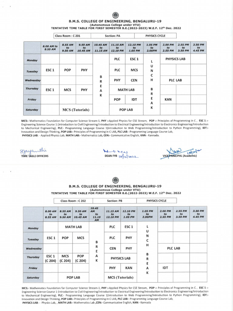 2022-2023 - Physics Cycle - I Sem Class Time Table | PDF