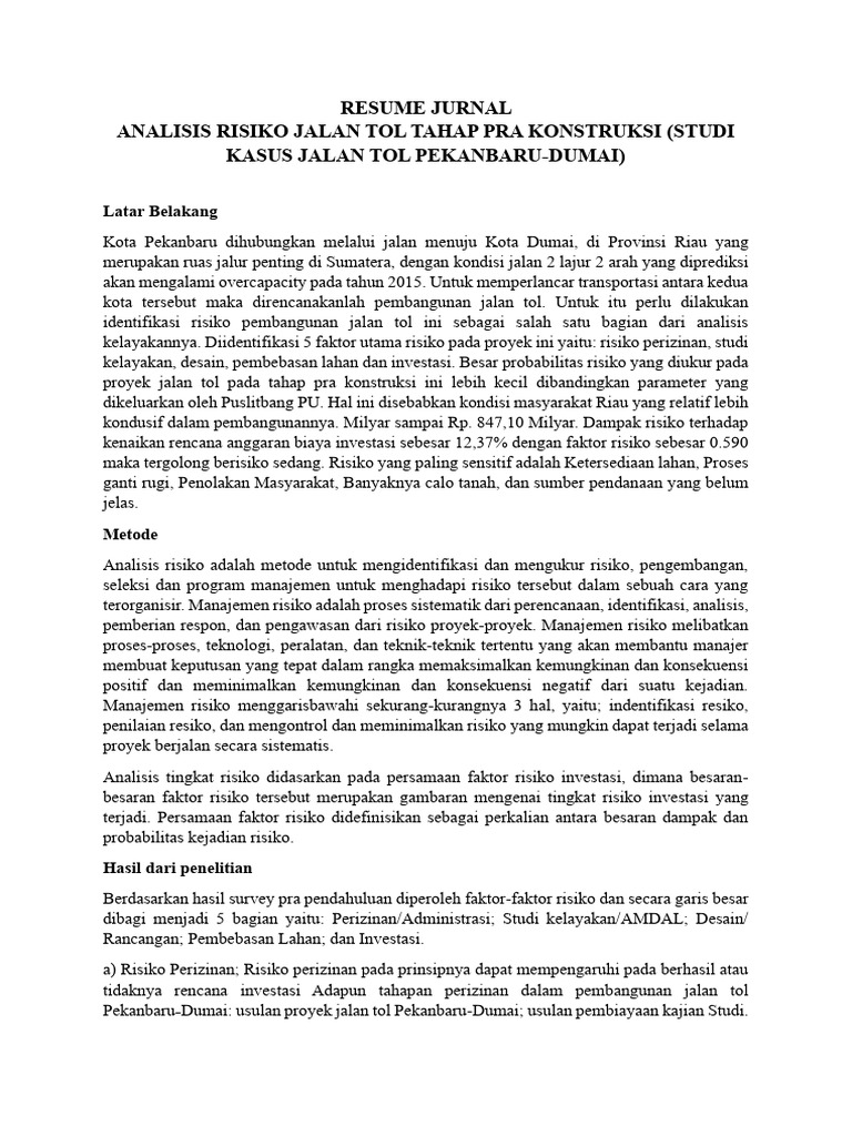 Resume ANALISIS RISIKO JALAN TOL TAHAP PRA KONSTRUKSI | PDF