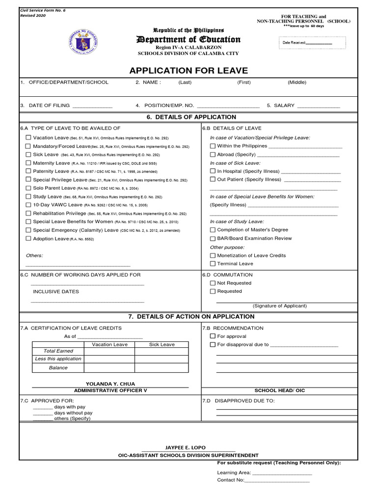 2021 FORM 6 FOR TEACHING and NON TEACHING PERSONNEL SCHOOL Leave Up To ...