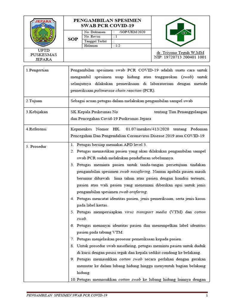 SOP PENGAMBILAN SPESIMEN SWAB PCR COVID-19 | PDF