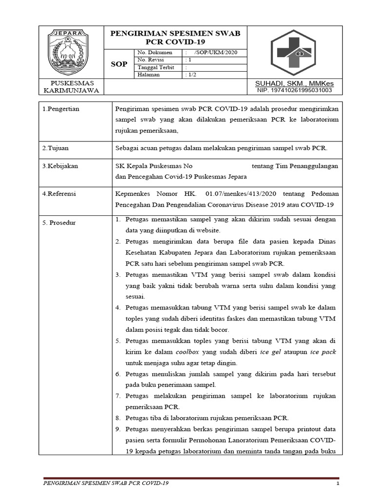 Sop Pengiriman Spesimen Swab PCR Covid-19 | PDF