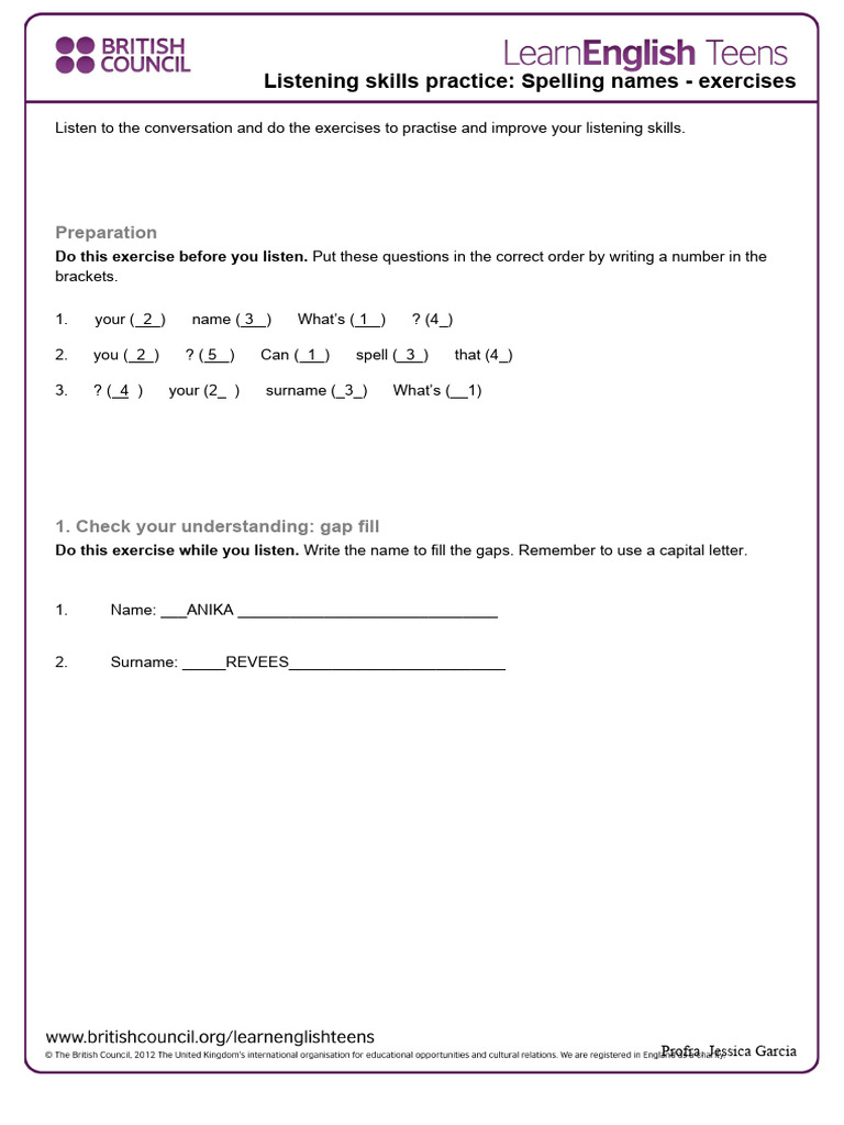 Spelling Names - Exercises 2 | PDF