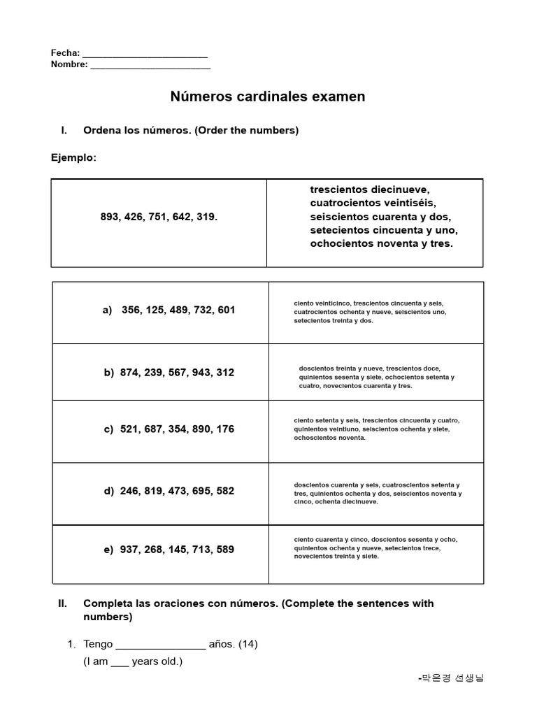 Números Cardinales Examen | PDF