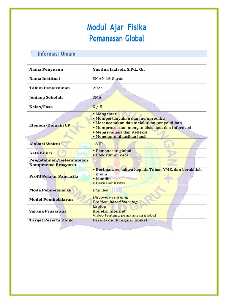 05 Modul Ajar Fase E Materi Pemanasan Global - Yustina Jaziroh | PDF