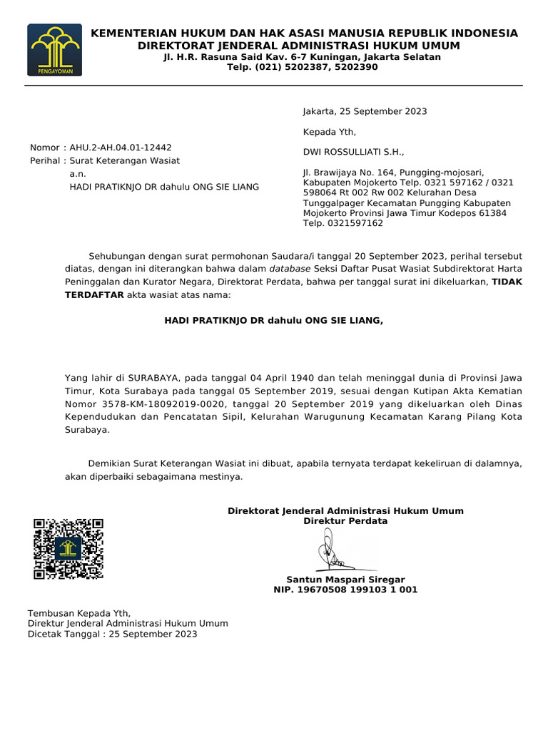 Surat Keterangan Wasiat | PDF