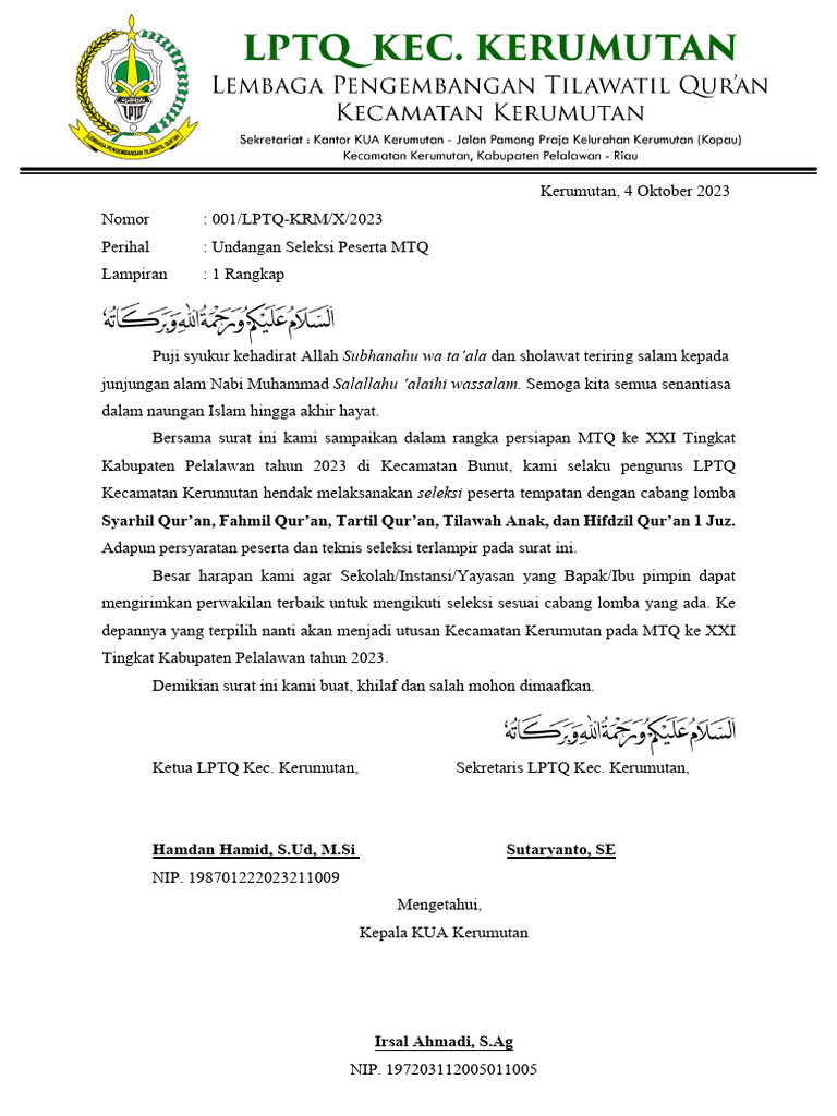Undangan Seleksi Peserta MTQ 2023 | PDF