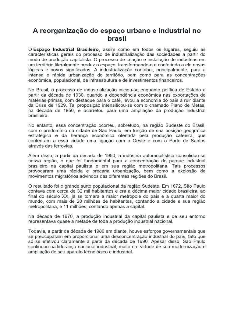 A Reorganização Do Espaço Urbano e Industrial No Brasil | PDF ...